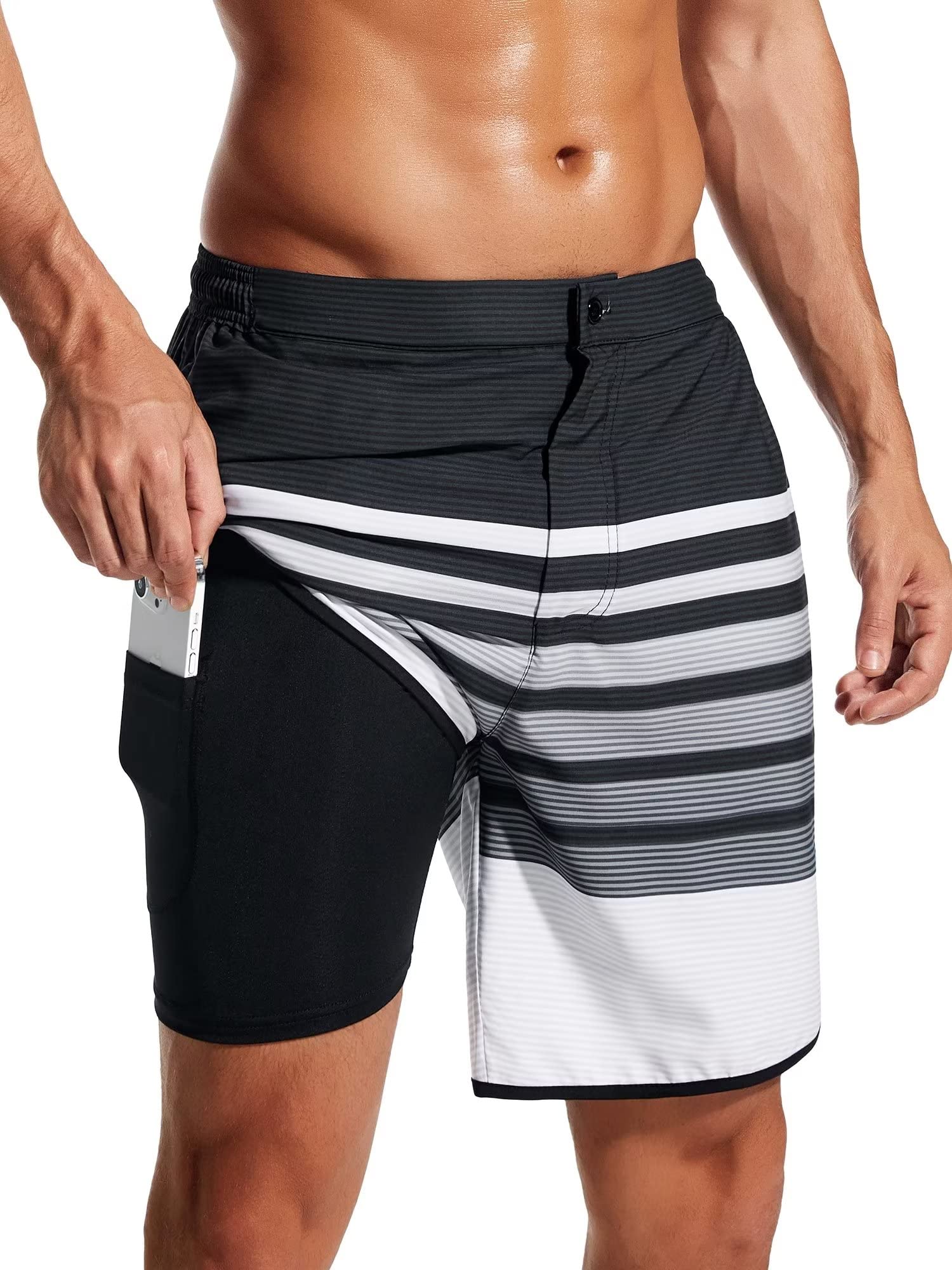 SILKWORLD Mens Swim Trunks Quick Dry 2 in 1 Swimming Shorts Suits with Compression Liner, Black White Stripe, Medium
