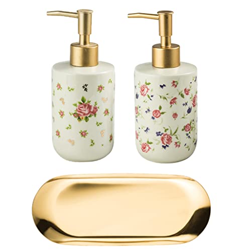 XOUVY Cute Ceramic Soap Dispenser with Metal Tray,Cylinder-Shaped Dish Soap Dispenser with Matte Metal Pump for Bathroom,Farmhouse Décor Kitchen Home Decor (Style C 3)