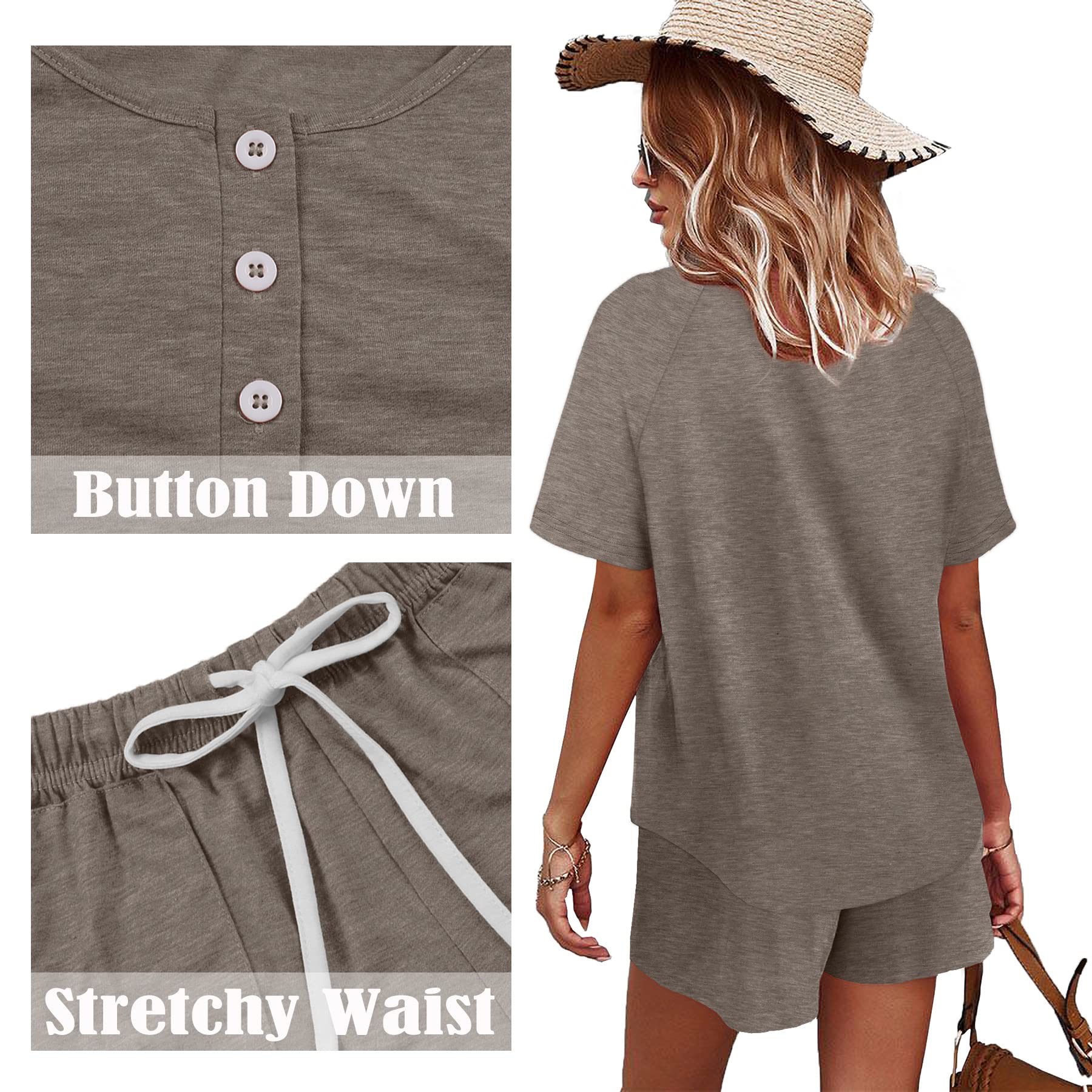 WIHOLL Lounge Sets for Women Shorts Short Sleeve Pajama Set Khaki XL