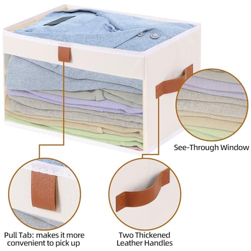 YheenLf Foldable Closet Storage Bins 3-Pack,Fabric Box with Transparent Windows and Handles,Storage Baskets Used for Organizing Clothes( Beige,12.6x12.6x9in)