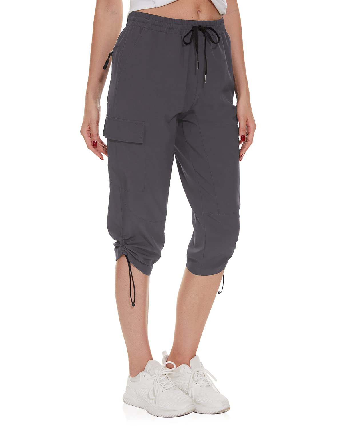 VAYAGER Women's Outdoor Hiking Capri Pants Loose-Fit Lightweight with Zipper Pockets(Black L)