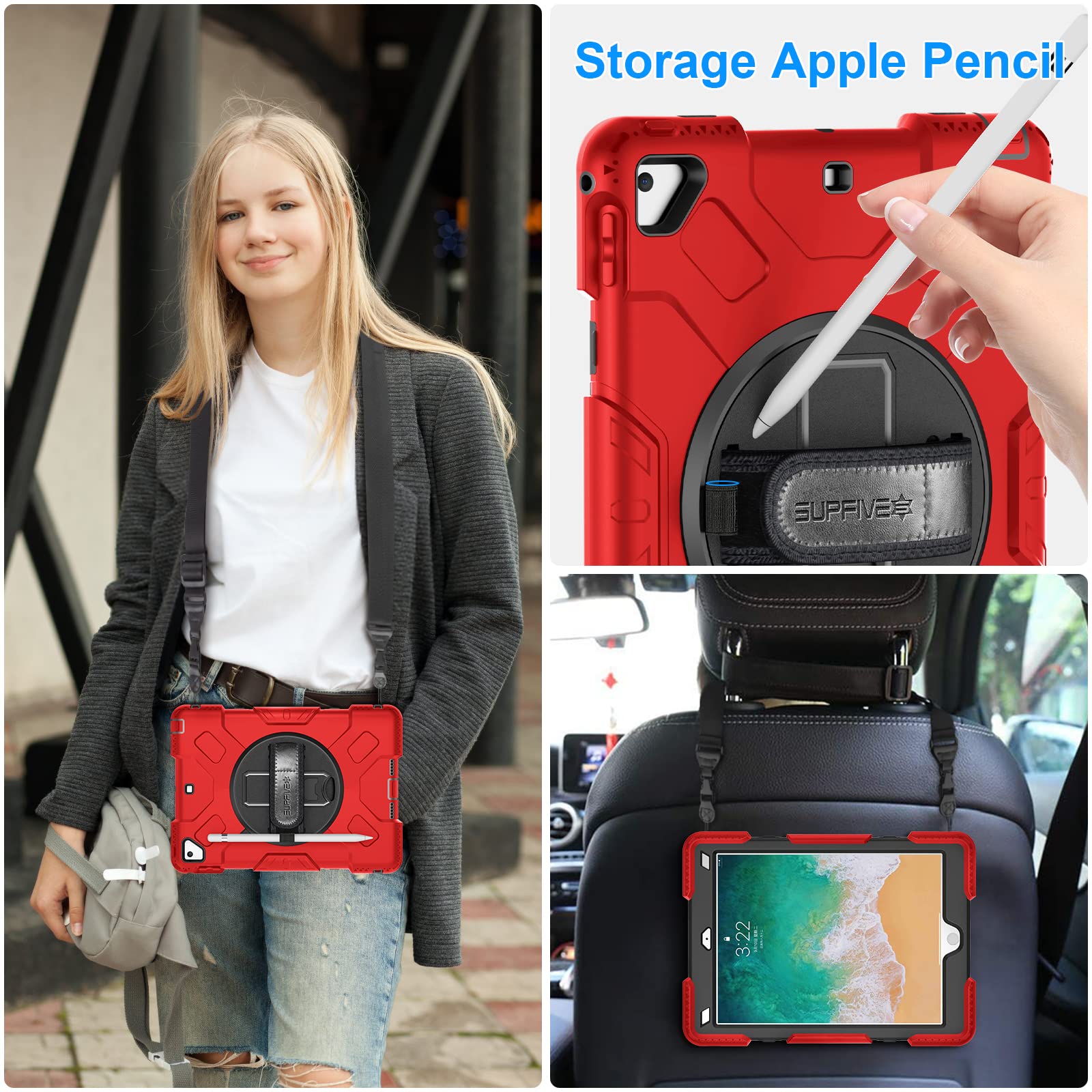 SUPFIVES Case for iPad 6th / 5th Generation 9.7 Inch: Heavy Duty Shockproof Silicone Protective Cover for iPad 6th/5th Gen/Air 2/Pro 9.7 with Rotating Stand+Handle+Pencil Holder+Shoulder Strap, Red