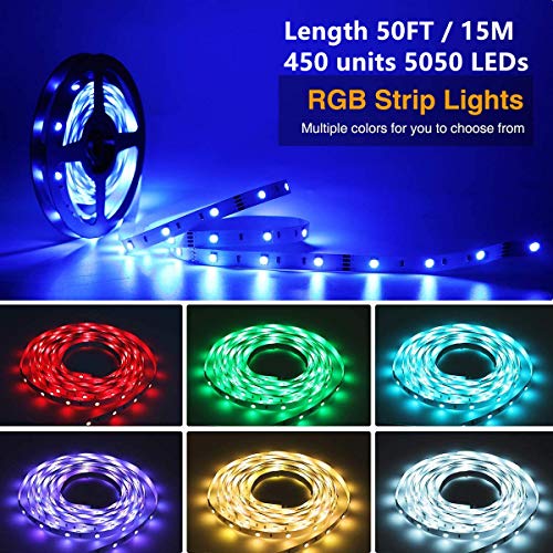 Vbakor 50Ft Smart Led Strip Lights with Music Sync, 5050 450LEDs RGB Strip Lights with Remote Controller, Sensitive Built-in Mic, App Controlled LED Lights Tape Lights for Home, Ceiling, Bedroom