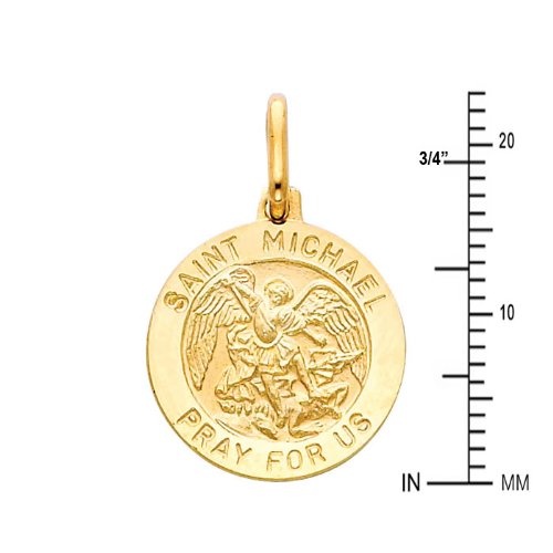 The World Jewelry Center 14k REAL Yellow Gold Religious Saint Michael Medal Pendant with 0.9mm Braided Wheat Chain Necklace - 22"