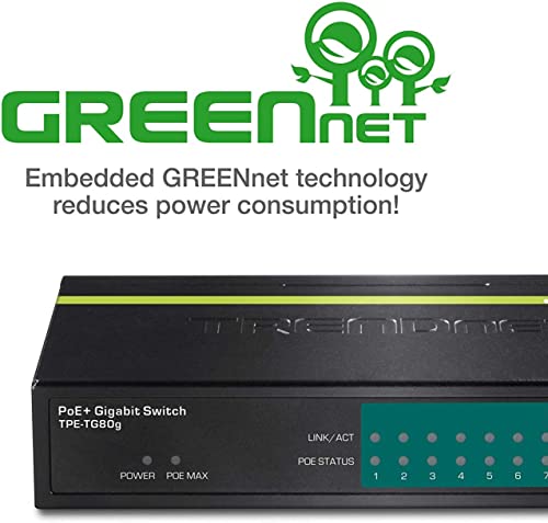 TRENDnet 8-Port Gigabit PoE+ Switch, 8 x Gigabit PoE+ Ports, 123W PoE Power Budget, 16 Gbps Switching Capacity, Desktop Switch, Ethernet Network Switch, Metal, Lifetime Protection, Black, TPE-TG80G