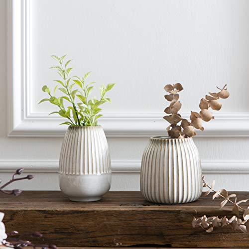 Vellarr Small White Ceramic Vase Set, Rattan Stripe Bud Vases Home Decor, Great for Decorative, Kitchen, Office or Living Room, (Set of 2 Vases)