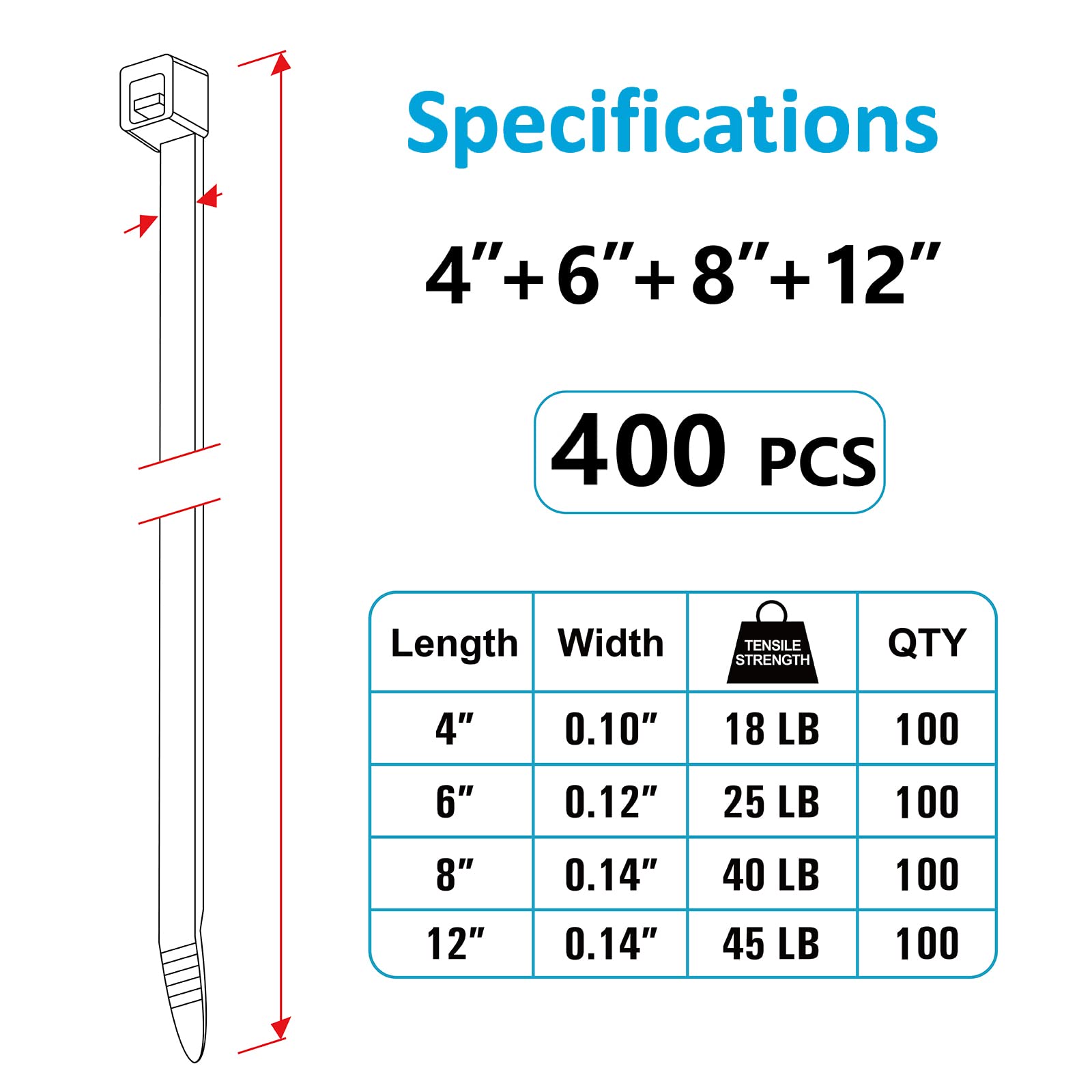 Zip Ties Assorted Sizes(4β+6β+8β+12β), 400 Pack, Black Cable Ties, UV Resistant Wire Ties by ANOSON