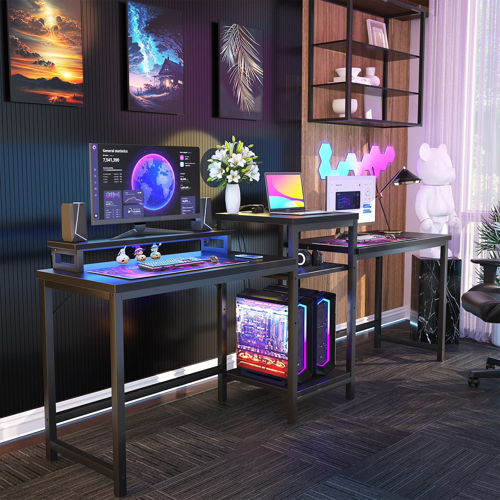 Unikito 2 Person Desk, Double Computer Desk with Power Outlets and Storage Shelves, Modern Computer Desk with Printer Stand, Extra Long Large Workstation for Home Office, Couple Gaming Desk, Black Oak