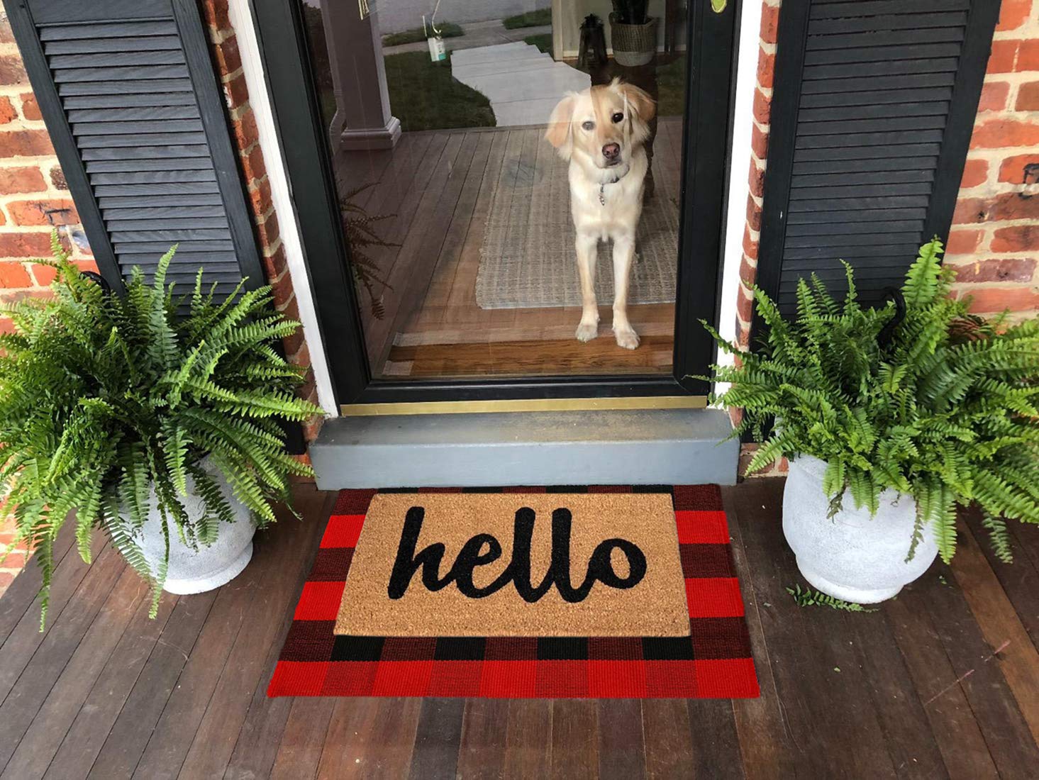 UKELER Buffalo Plaid Rug 2'×3'- Cotton Outdoor Rug Washable Buffalo Check Doormat, Red and Black Plaid