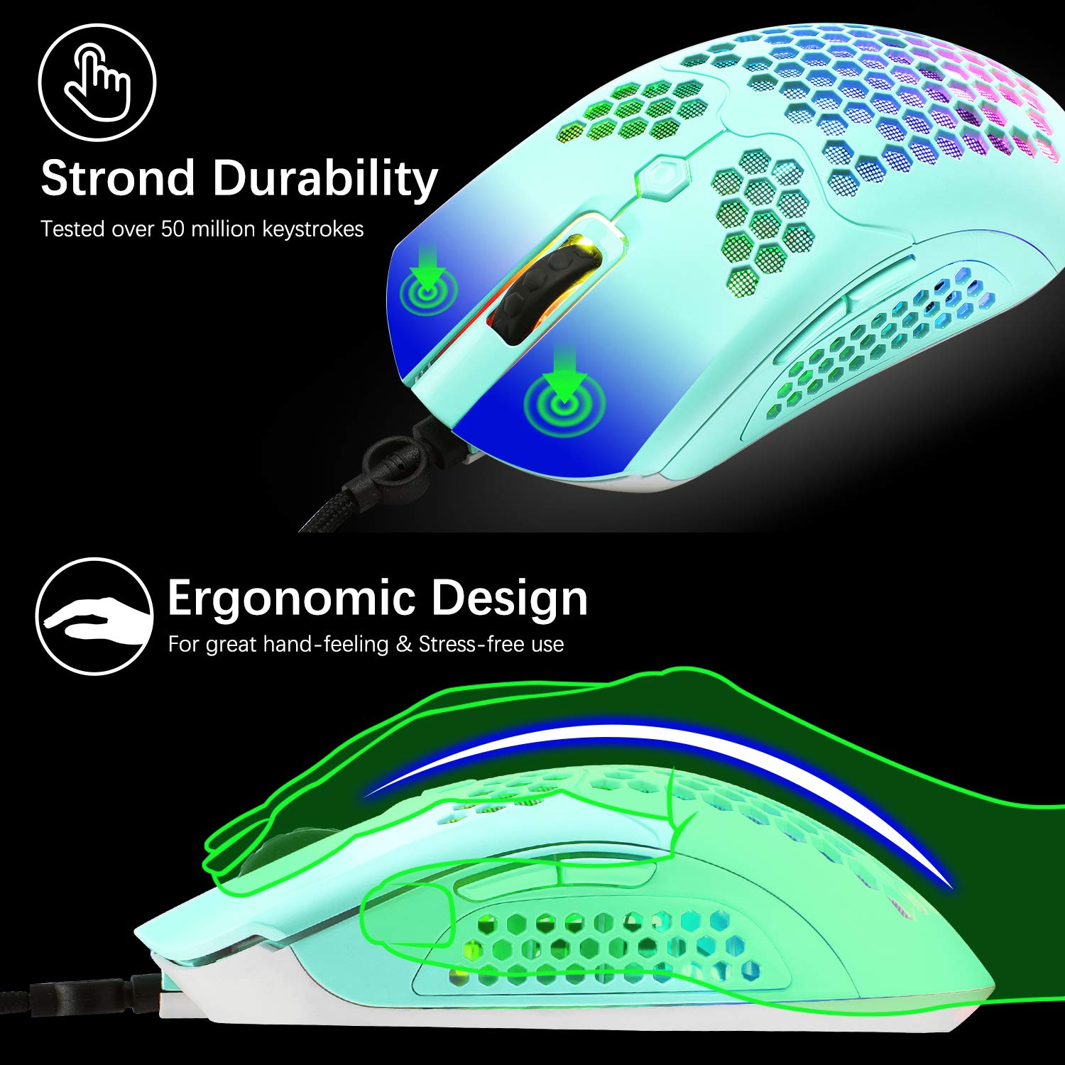 ZIYOU LANG M5 RGB Lightweight Wired Gaming Mouse with 12000 DPI 6 Programmed Buttons,65G Honeycomb Shell,Ultralight Ultraweave Cable,Pixart 3325 Optical Sensor Gamer Mice(Black)