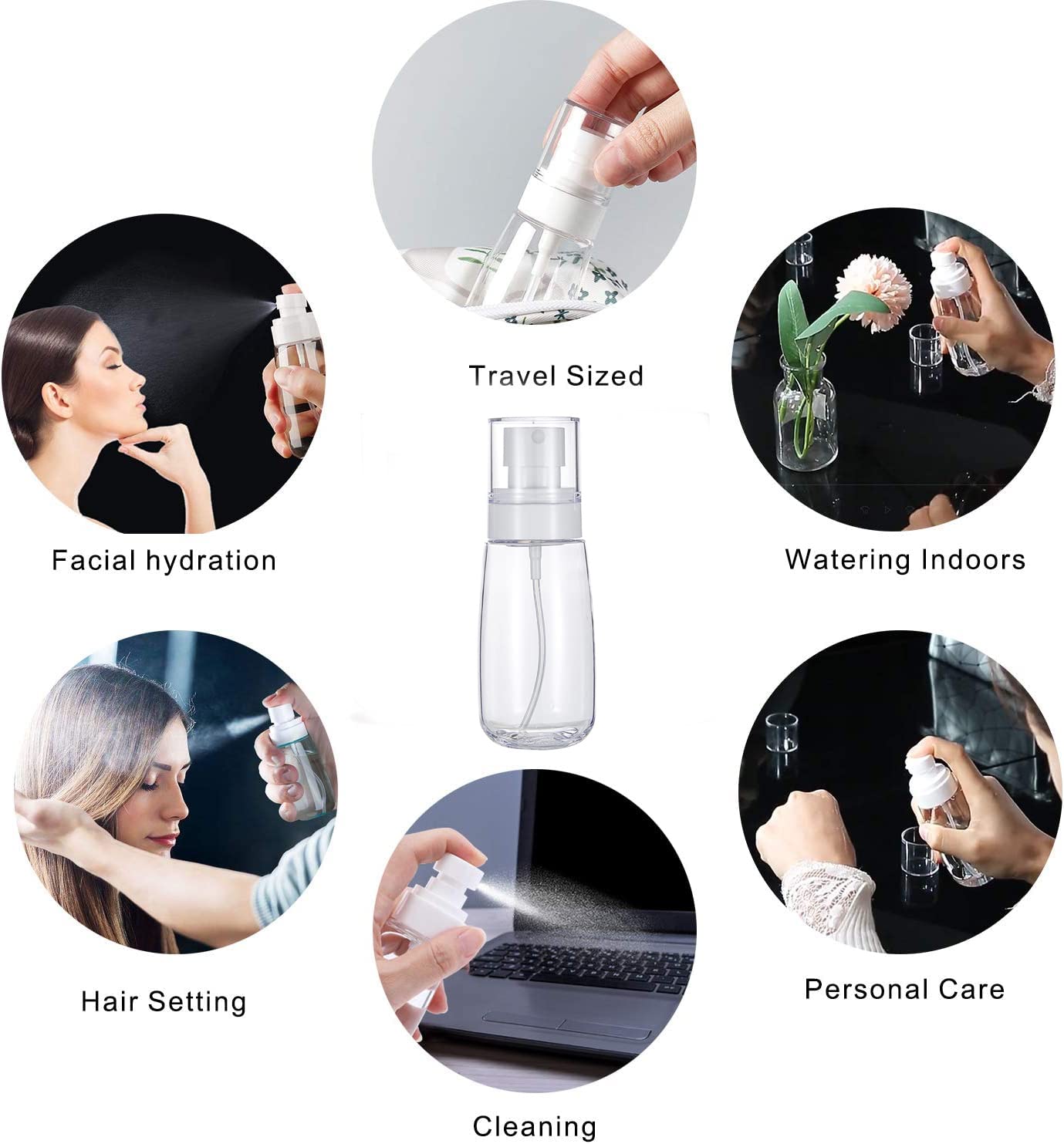TOSERSPBE Spray Water Bottle Hair Mister, Fine Mist Stylist Sprayers 360 Empty Small Misting Spritzer, Perfume Atomizer with Pump Clear Containers (2PCS/2oz)