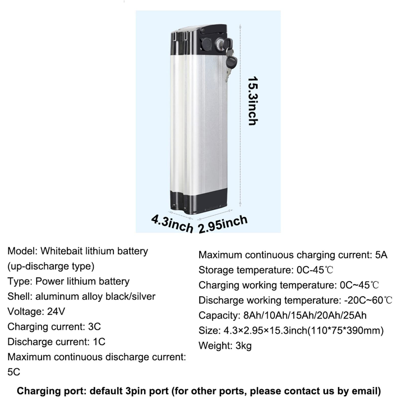 ZJDU Ebike Battery, 24V Silver Fish E-Bike Lithium Battery,with 29.2V 2A Charger and Safe Lock,for 200~350W Motor Ebike,24V 25Ah