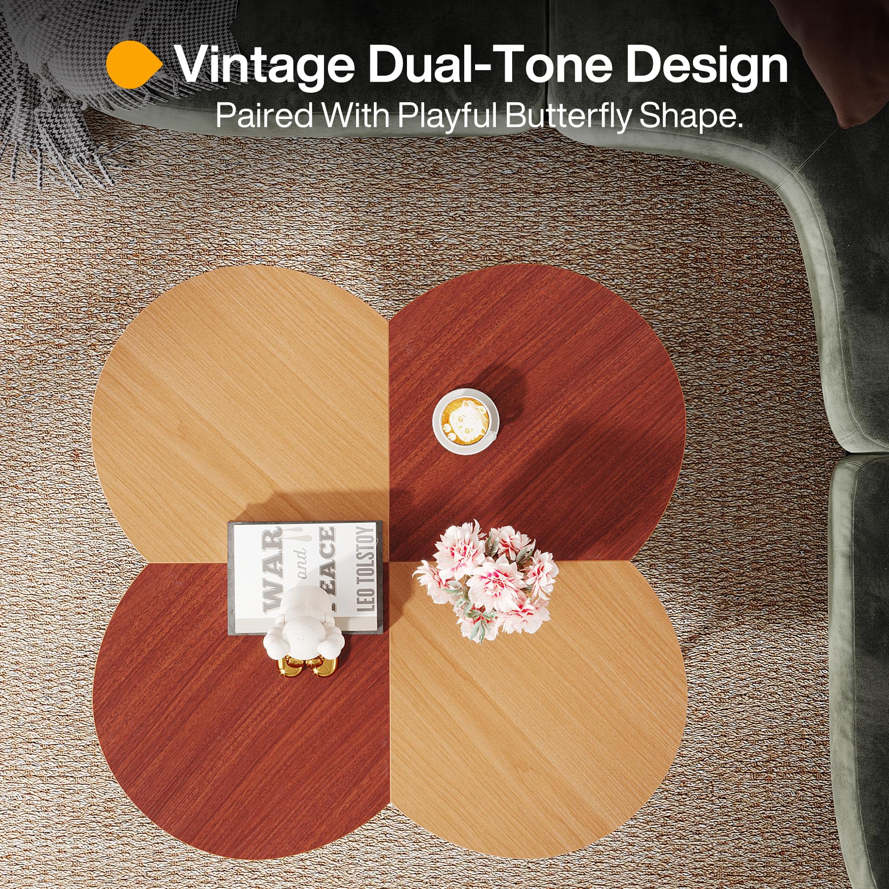 Tribesigns 35-Inch Double-Tone Coffee Table, Vintage Large Center Table for Living Room, Tea, Coffee, Small Spaces, Lucky Clover Shaped
