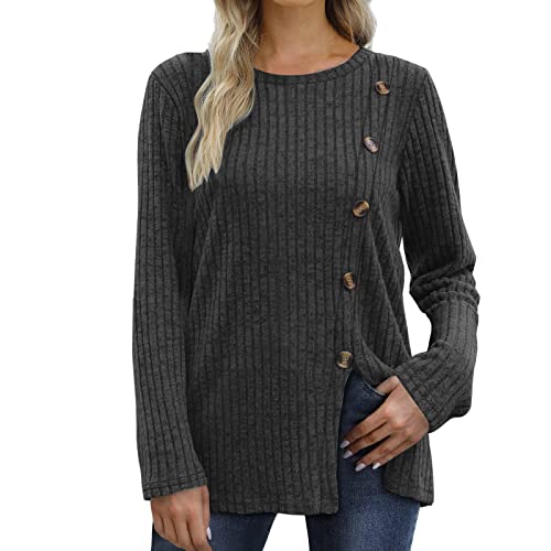Sweater Vest Cropped Sweaters for Women 2023 Fall Winter Sweater Crew Neck Comfy Loose Knit Long Sleeve Pullover Jumper Tops Deco with Buttons Grey