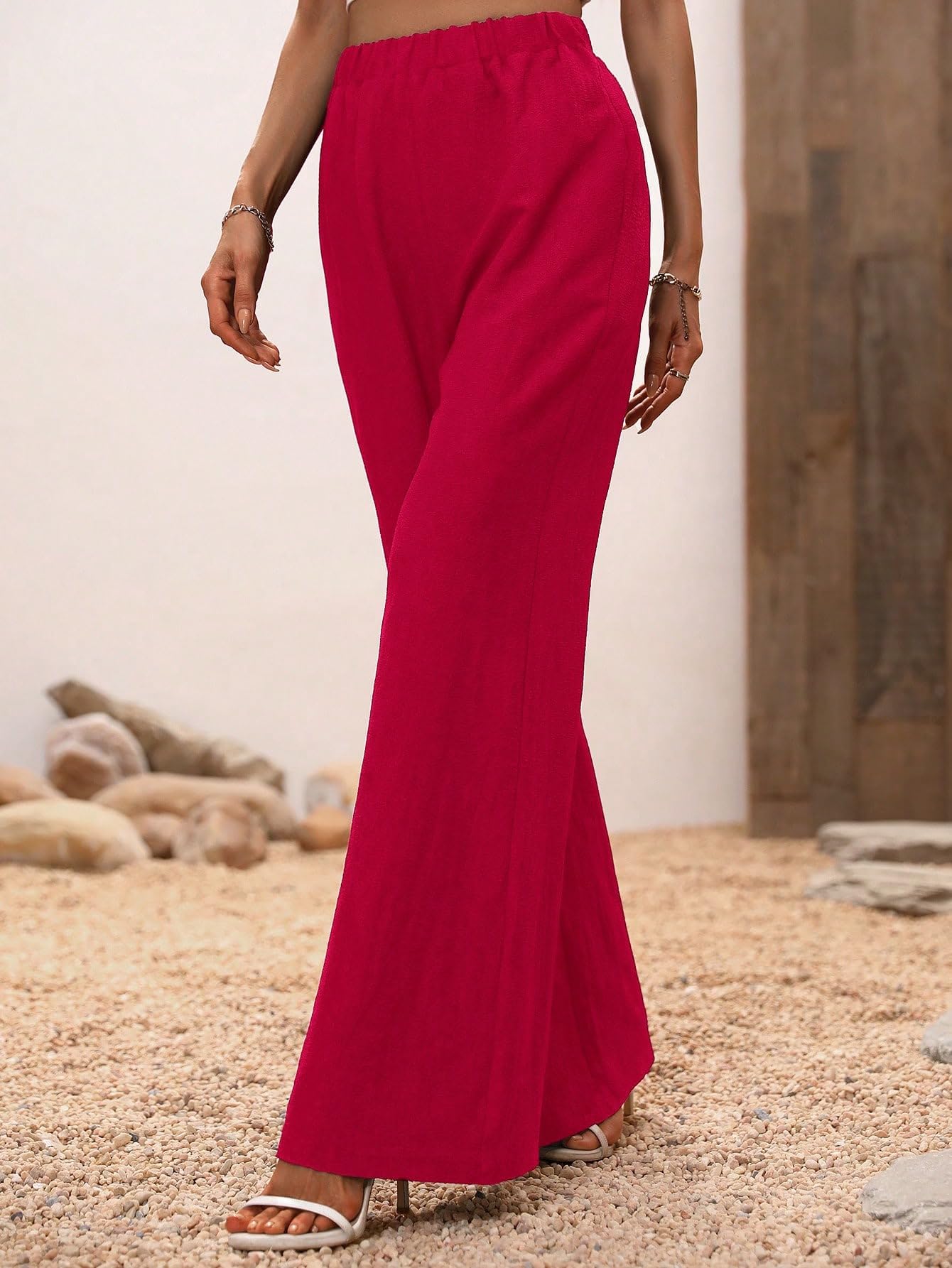SweatyRocks Women's Elastic High Waist Basic Casual Office Trousers Loose Long Flare Leg Pants Hot Pink M