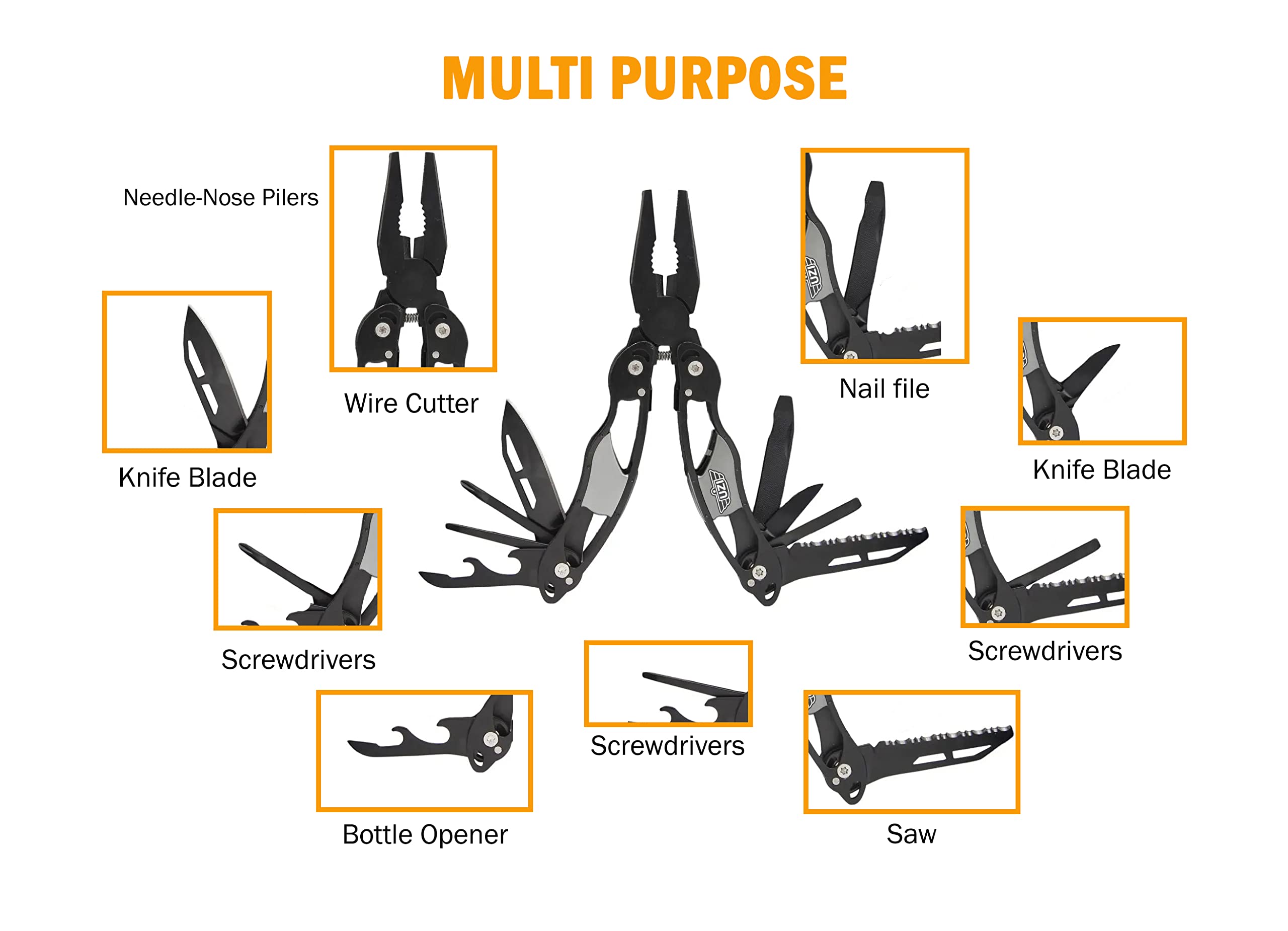 UZI UZI-GS-001 Survival Tactical Combo Pack with Multi-Tool Pliers and Keychain, Black