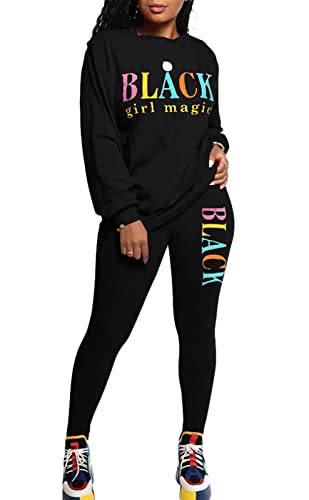 Wuitrie Women's 2 Piece Tracksuit Long Sleeve Pullover Letter Print Top and Long Pant Outfits Black L