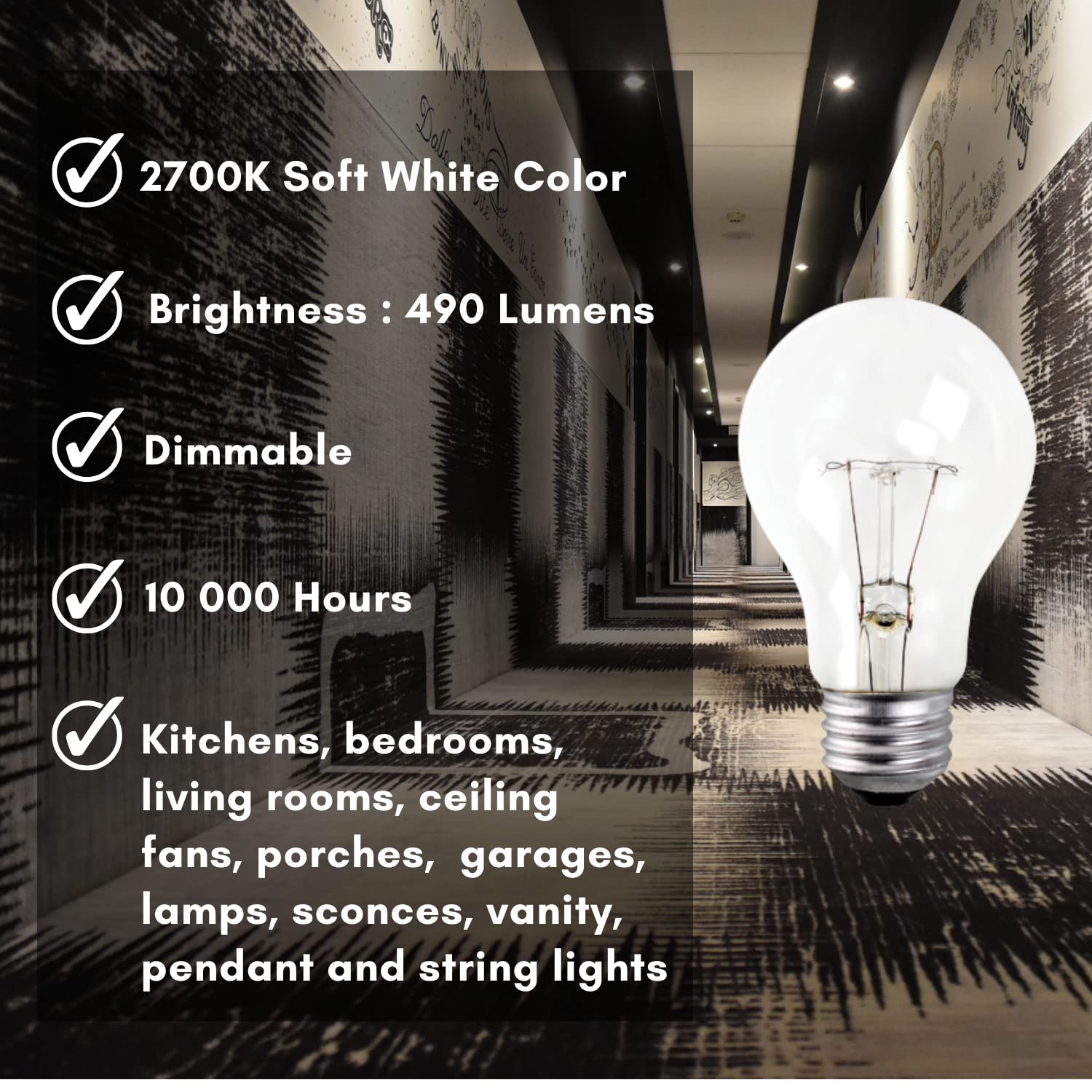 Xtricity A19 Clear Incandescent Rough Service Light Bulb, 60 Watt, Long Life - 10,000 Hours, 2700K Soft White, E26 Medium Base, 490 Lumens, 130V (6 Pack)