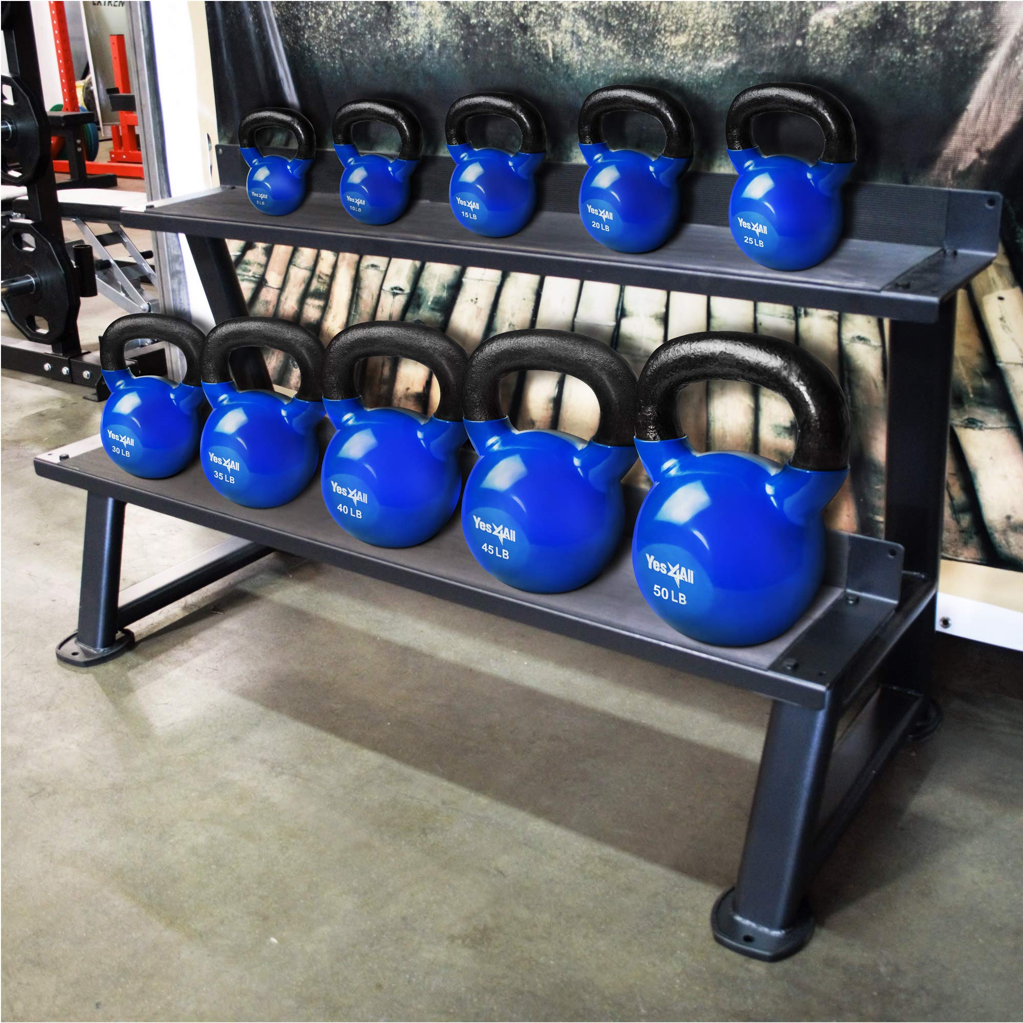 Yes4All Kettlebells 5 10 15 lbs Set Weight Vinyl Coated Cast Iron for Dumbbell Weights Exercises, Gym, Fitness, Full Body Workout Equipment Push up, Grip and Strength Training, Blue