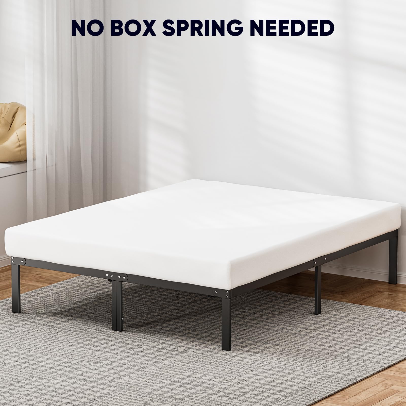 Sweetcrispy Queen Bed Frame - Metal Platform Bed Frames Queen Size with Storage Space Under Frame, Heavy Duty, 14 Inches, Sturdy Steel Slat Support, No Box Spring Needed