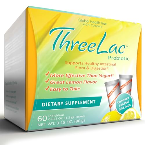 Threelac Probiotic Dietary Supplement, Natural Lemon Flavor, Includes 60 .053-Ounce Packets