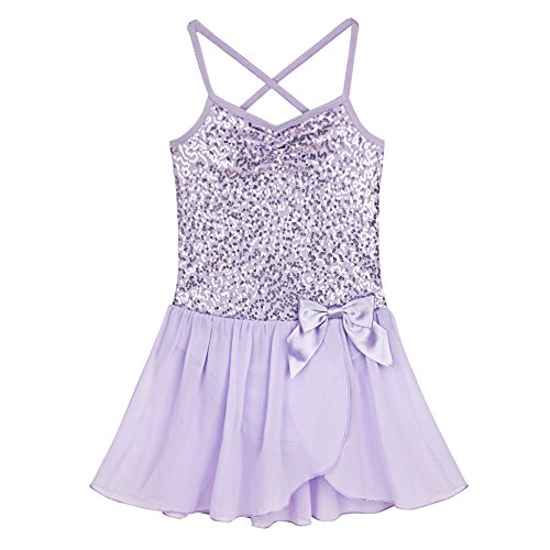 YiZYiF Kids Girls Sequined Dancing Ballet Dress with Bowknot Chiffon Leotard Purple 3-4