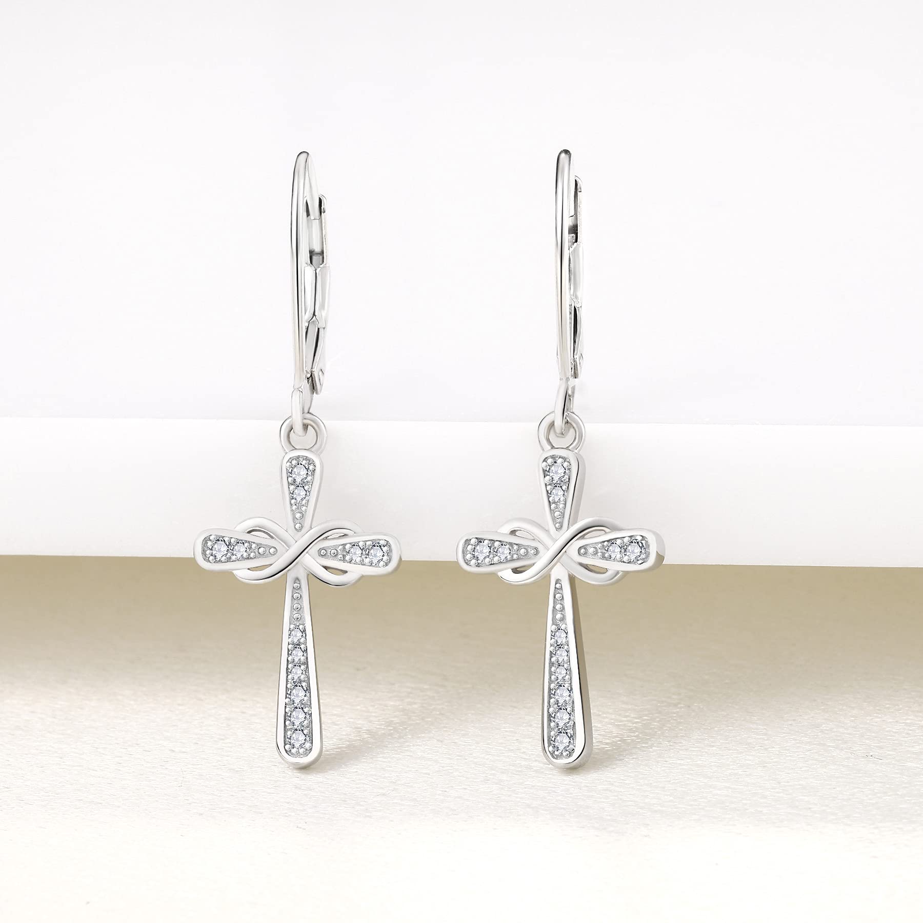 YL Cross Earrings Sterling Silver Infinity Dangle Drop Earrings Cubic Zirconia Criss Leverback Jewelry