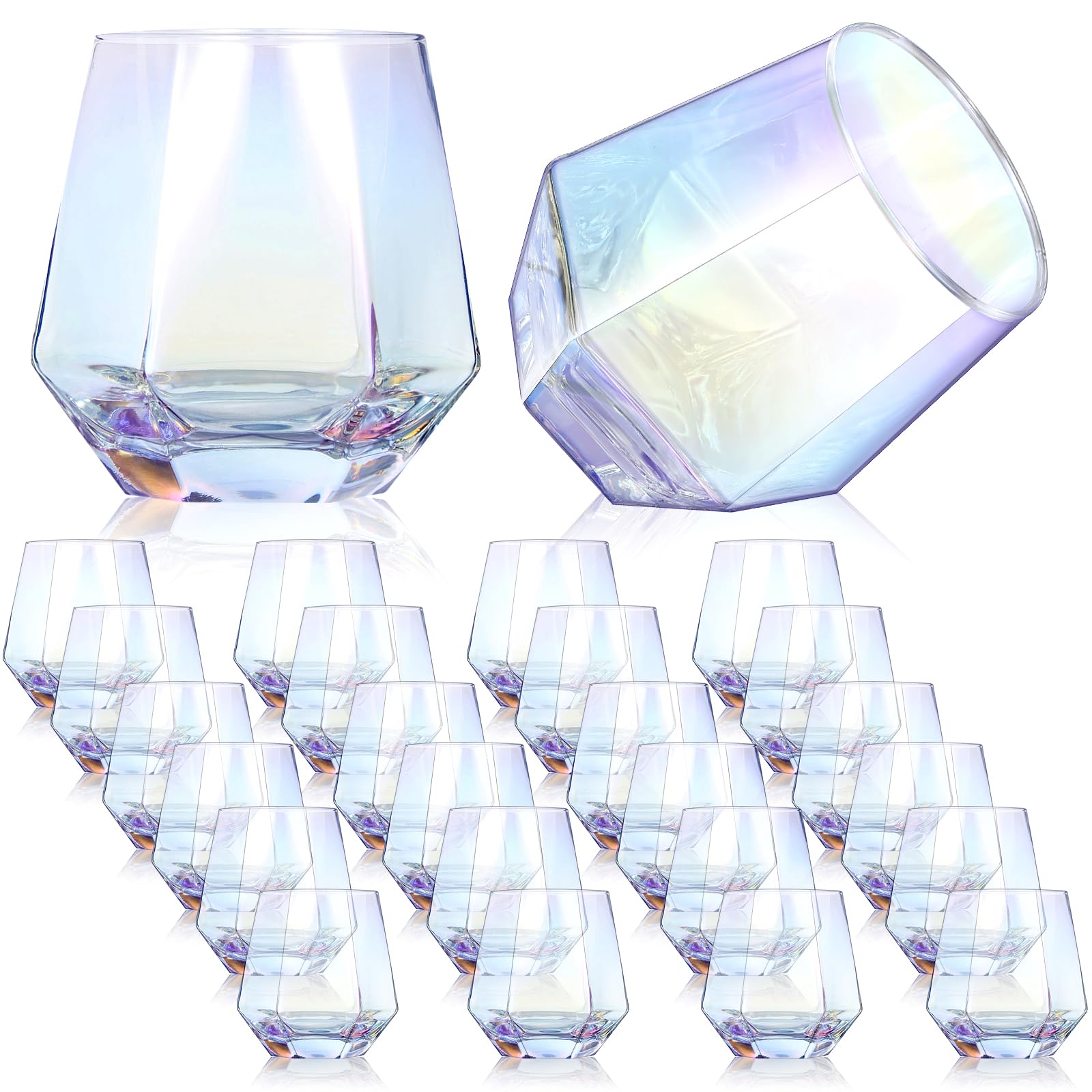 Tioncy 24 Pcs Diamond Stemless Wine Glass 10 oz Iridescent Wine Glass for Cocktail, Whiskey, Bourbon Modern Rainbow Wine Glasses Gift for Serving Party, Home, Bar