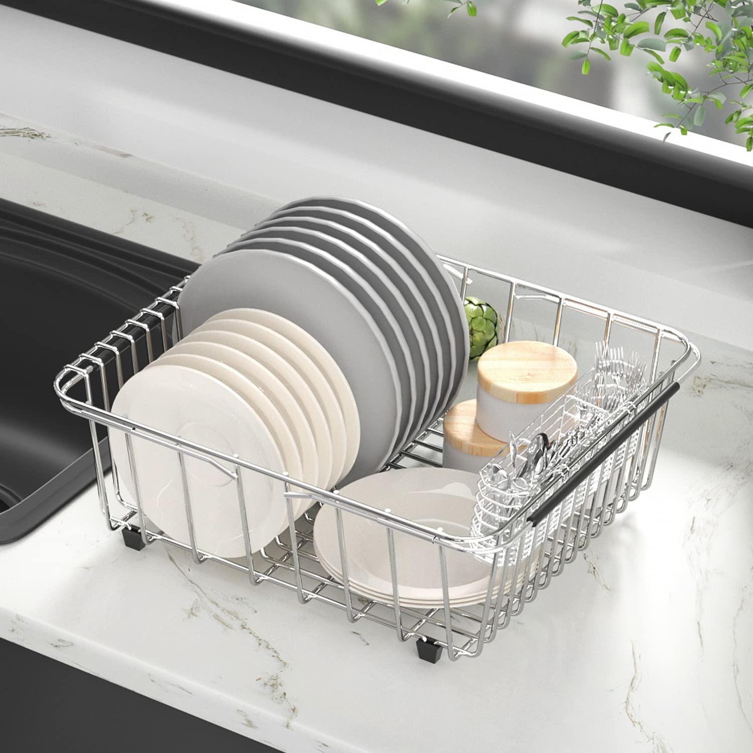 Sink Dish Drying Rack, 304 Stainless Steel Rustproof Expandable Dish Drainer Organizer with Stainless Steel Silverware Holder Over Inside Sink-Adjustable 14.96" to 20.59" (Maximium 13 Upright Dishes )
