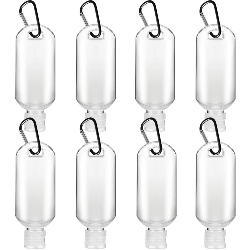 VHOPMORE 8 Pcs Travel Size Bottles with Keychain Hand Sanitizer Holder, 2 oz Portable Plastic Small Empty Bottles Leakproof Refillable Squeeze Containers for Backpack