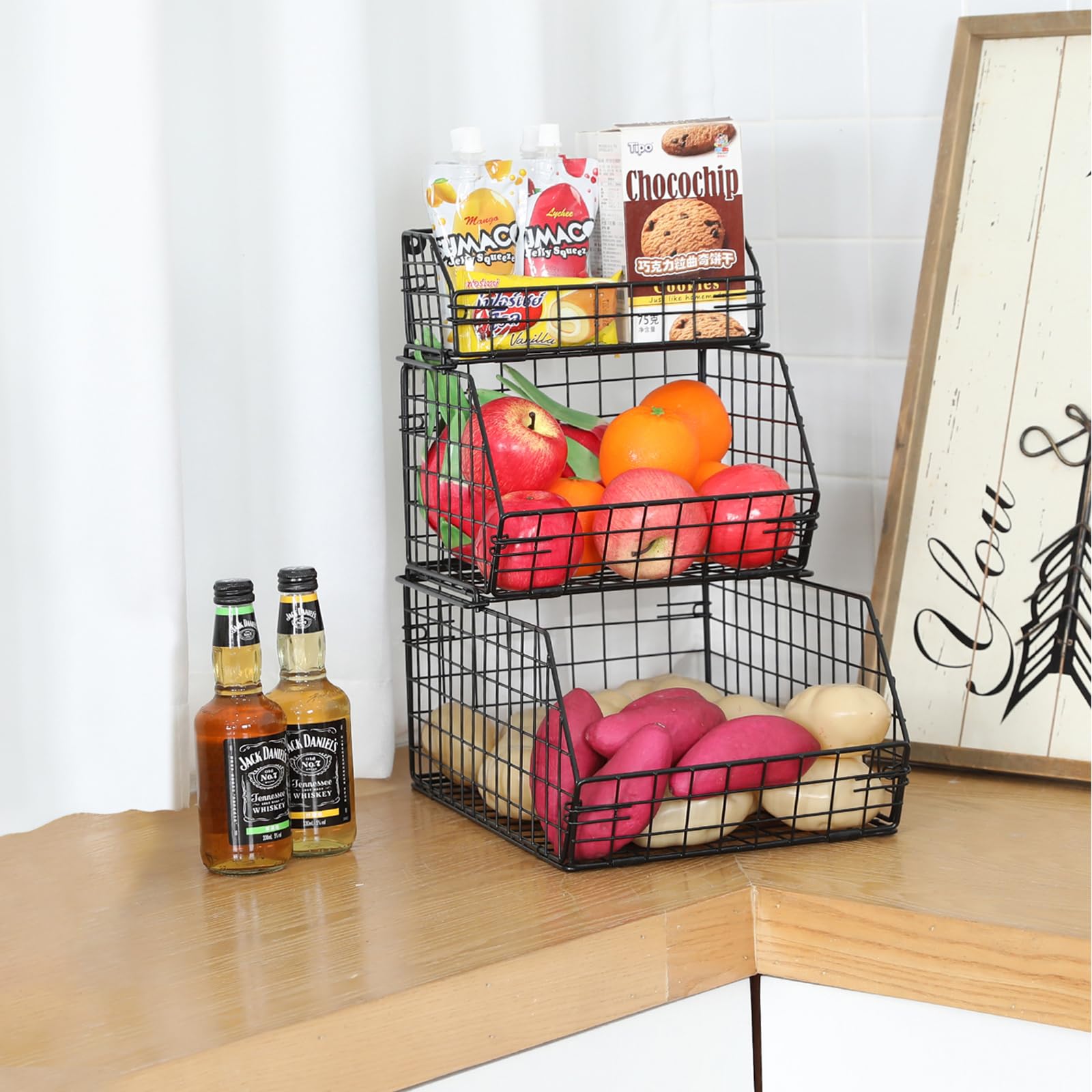 Yuzehuaza 3 Tier Fruit and Vegetable Basket Wall-Mounted & Countertop Organizer for Potato Onion Stackable Wire Baskets for Pantry Kitchen Cabinet for Produce Snack Canned Food Storage, Black