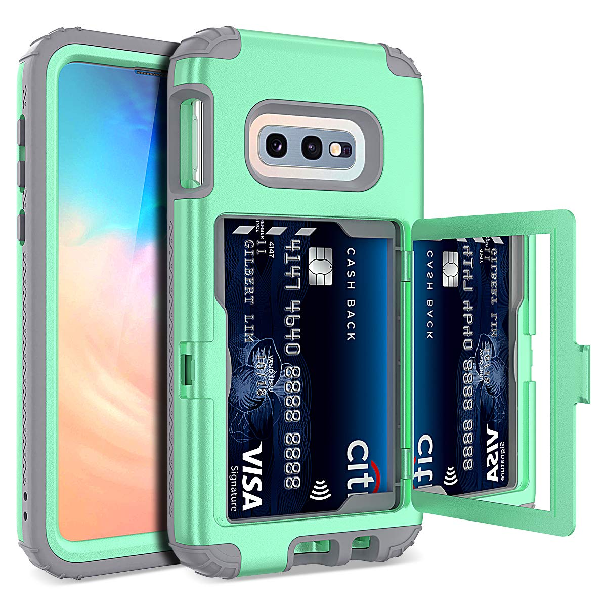 WeLoveCase Galaxy S10e Wallet Case Built in Screen Protector S10e Defender Wallet Card Holder Cover with Hidden Mirror 3 Layer Shockproof Heavy Duty Protection Case for Samsung Galaxy S10e Mint