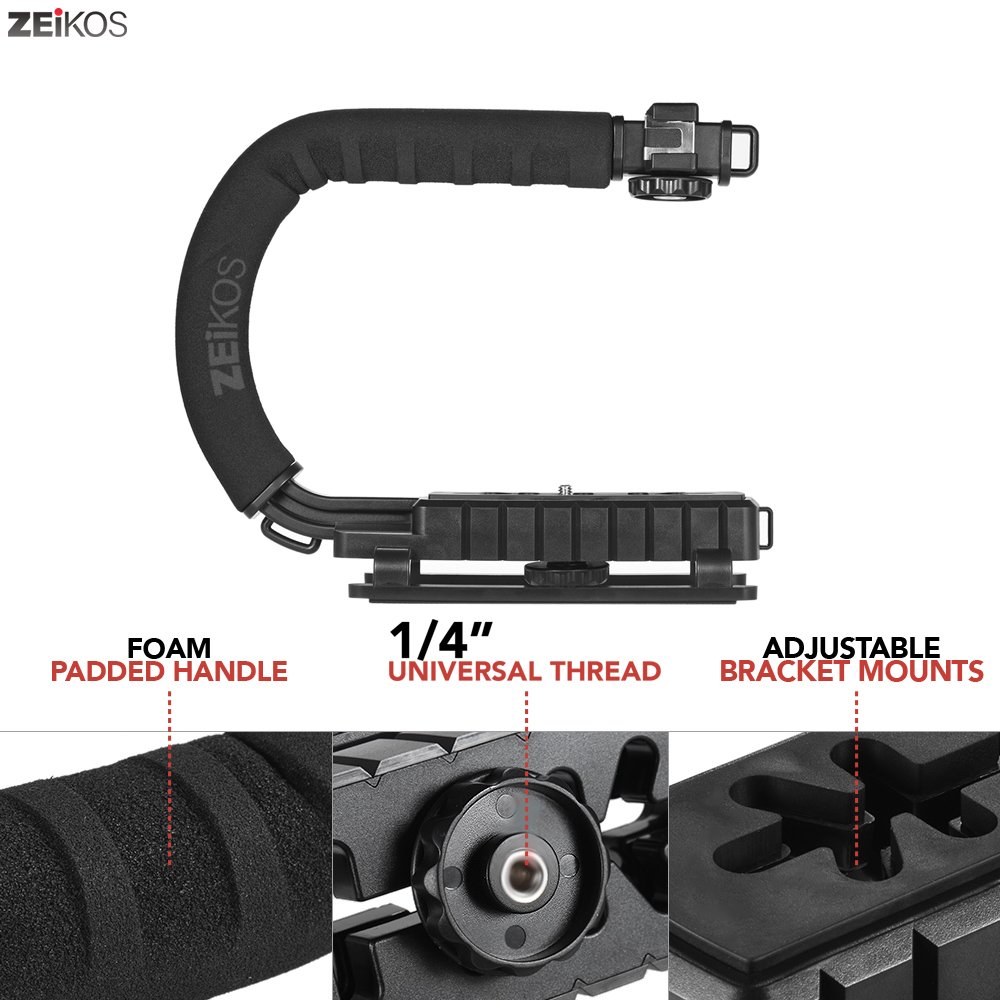 Zeikos Video Action Stabilizing Handle Grip Handheld Stabilizer with Shoe Mount and C Shape Rig Low Position Shooting System for DSLR, GoPro, Smartphones + Free MiracleFiber Microfiber