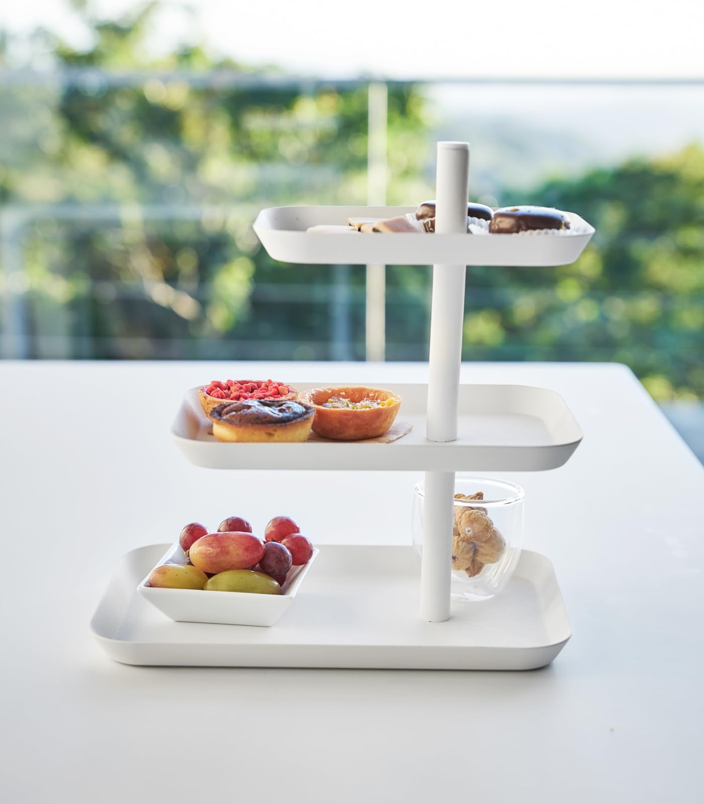 Yamazaki Home 3-Tier Serving Stand - Appetizer Tray Organizer for Party or Kitchen Steel One Size White