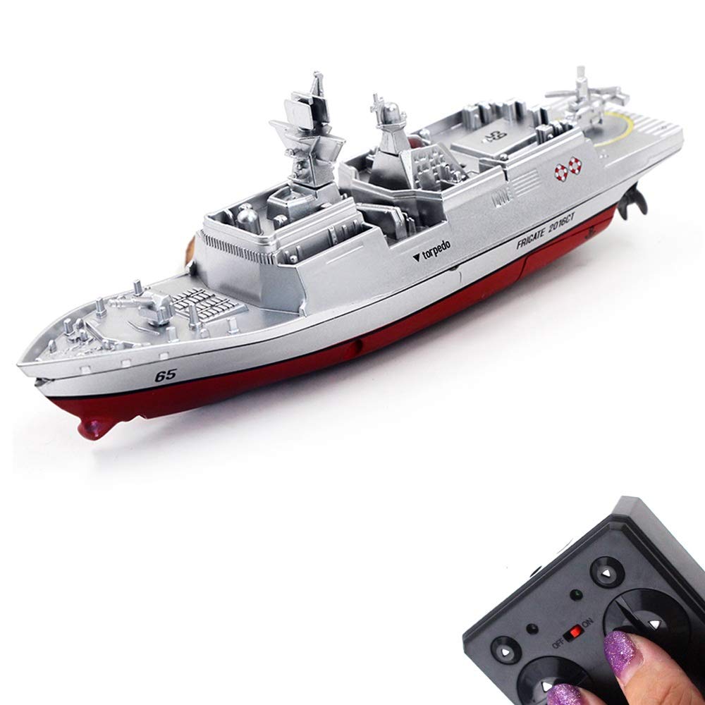 Tipmant Military RC Naval Ship Vessel Model Remote Control Boat Toy Speedboat Electric Water Kids Birthday (Silver)