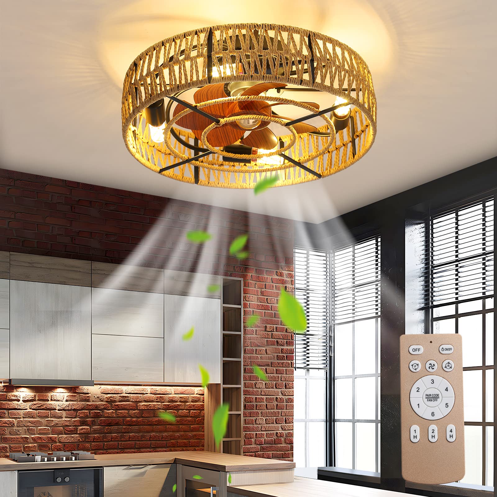 suopnpop Ceiling Fans with Lights and Remote,20 inches rattan Low Profile Farmhouse Flush Mount Ceiling Fan with Light,6 Speed Reversible Boho Caged Ceiling Fan with Light (Bulb Included)