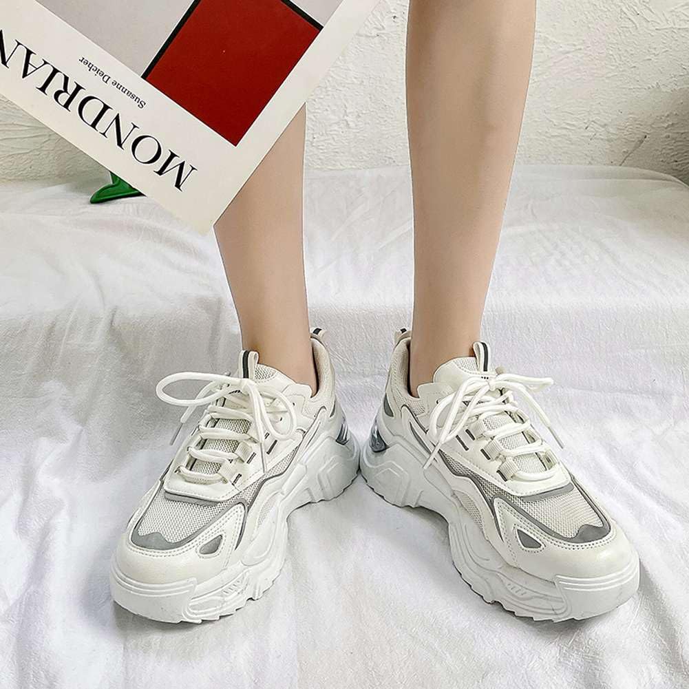 YYSPR Women's Fashion Platform Lace Up Sneakers Lightweight Walking Running Shoes White 8 US