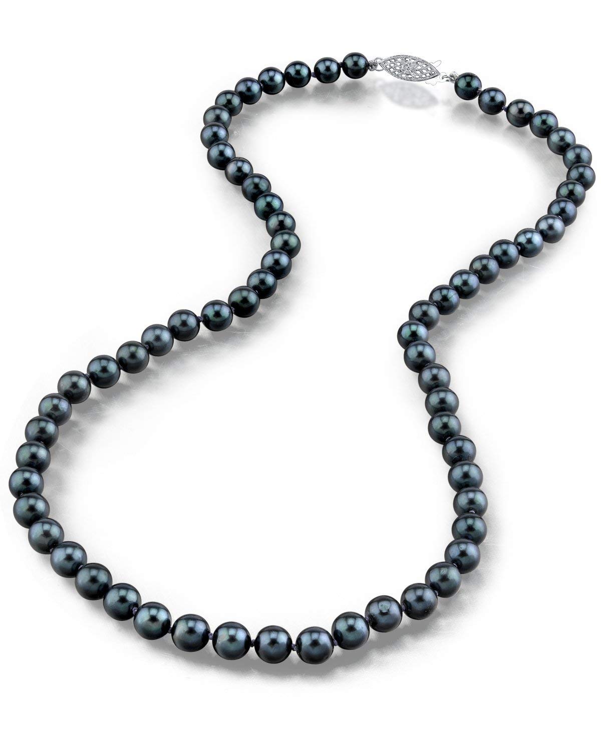 The Pearl Source 14K Gold 5.5-6.0mm AAA Quality Round Genuine Black Japanese Akoya Saltwater Cultured Pearl Necklace in 17" Princess Length for Women