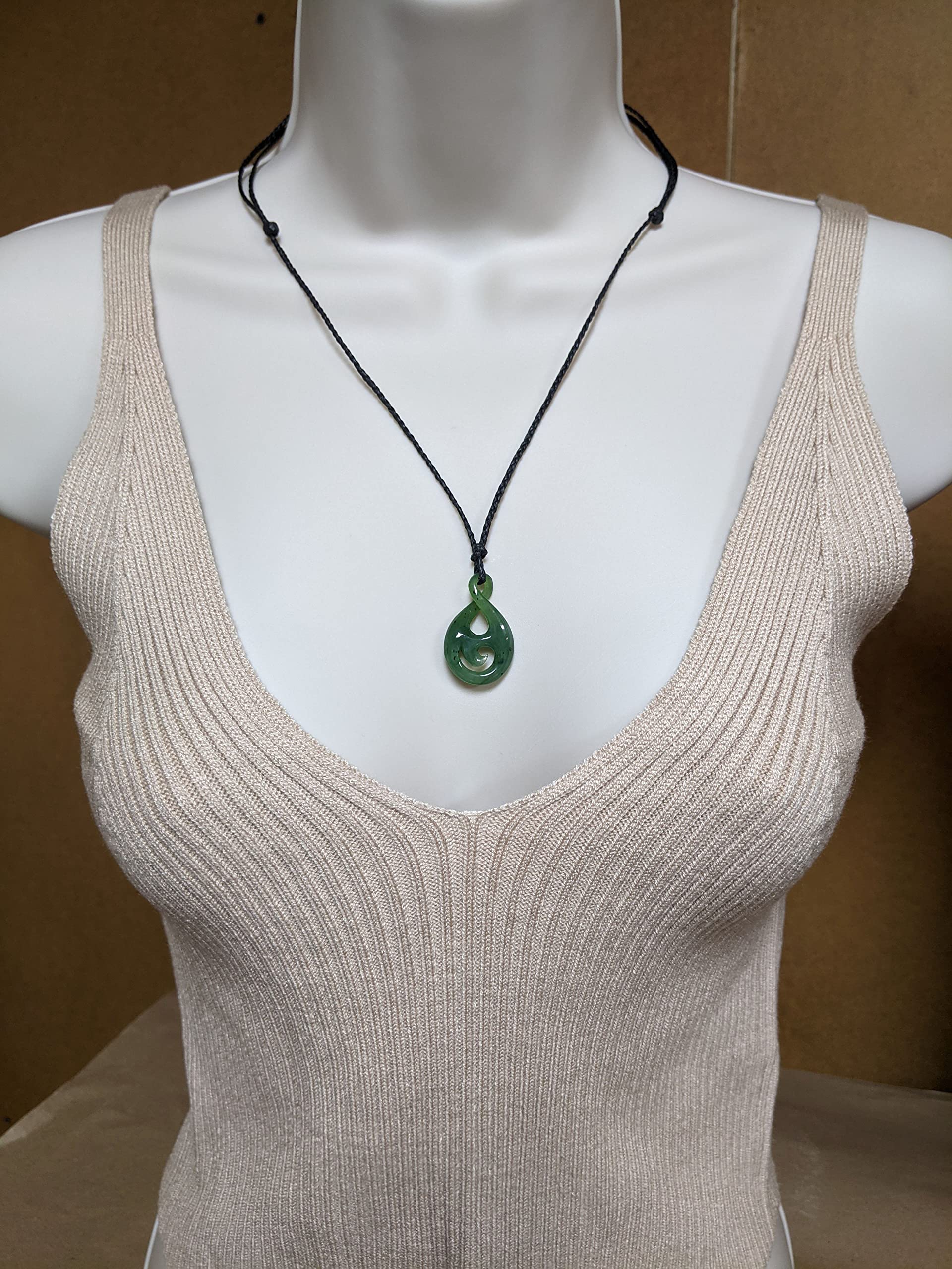 Traditional Style Green Nephrite Jade Infinity Twist Necklace with Koru Spiral