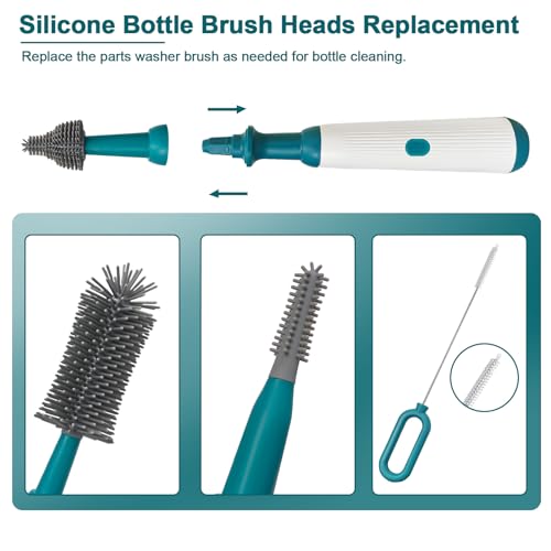 WHNL Electric Bottle Brush Set, 360°Automatic Bottle Cleaner Brush with 3 Sizes Replaceable Silicone Bottle Brush and Straw Cleaner Brush,Extension Handle for Long Bottles.IPX65& Rechargeable (Green)