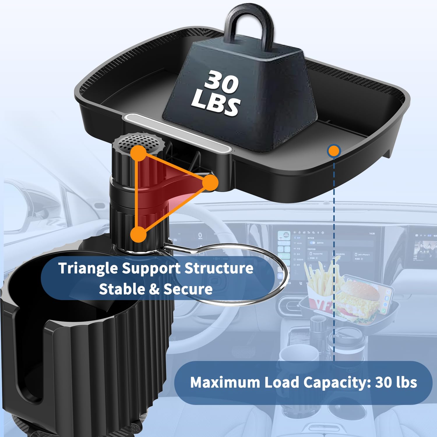 Vacallity Multifunctional Car Cup Holder Tray for Car Cup Holder Expander Table, Dual Cup Holder with Food Tray Adjustable Base for Road Trip Essentials Car Accessories, Fits Large Bottles Mugs