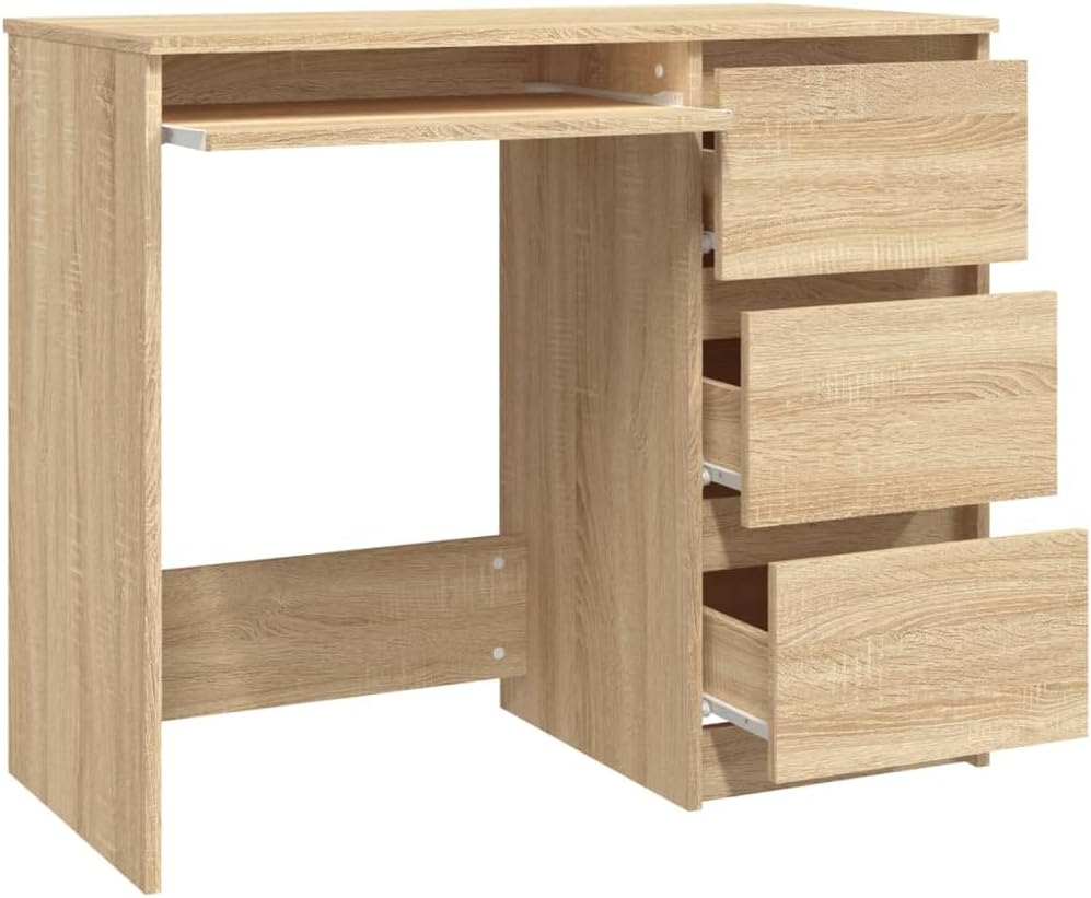 vidaXL Compact Desk with Built-in Storage Drawers– Sonoma Oak Finish Engineered Wood – Scandinavian Style - Perfect for Home Office or Study Room (35.4"x17.7"x29.9")