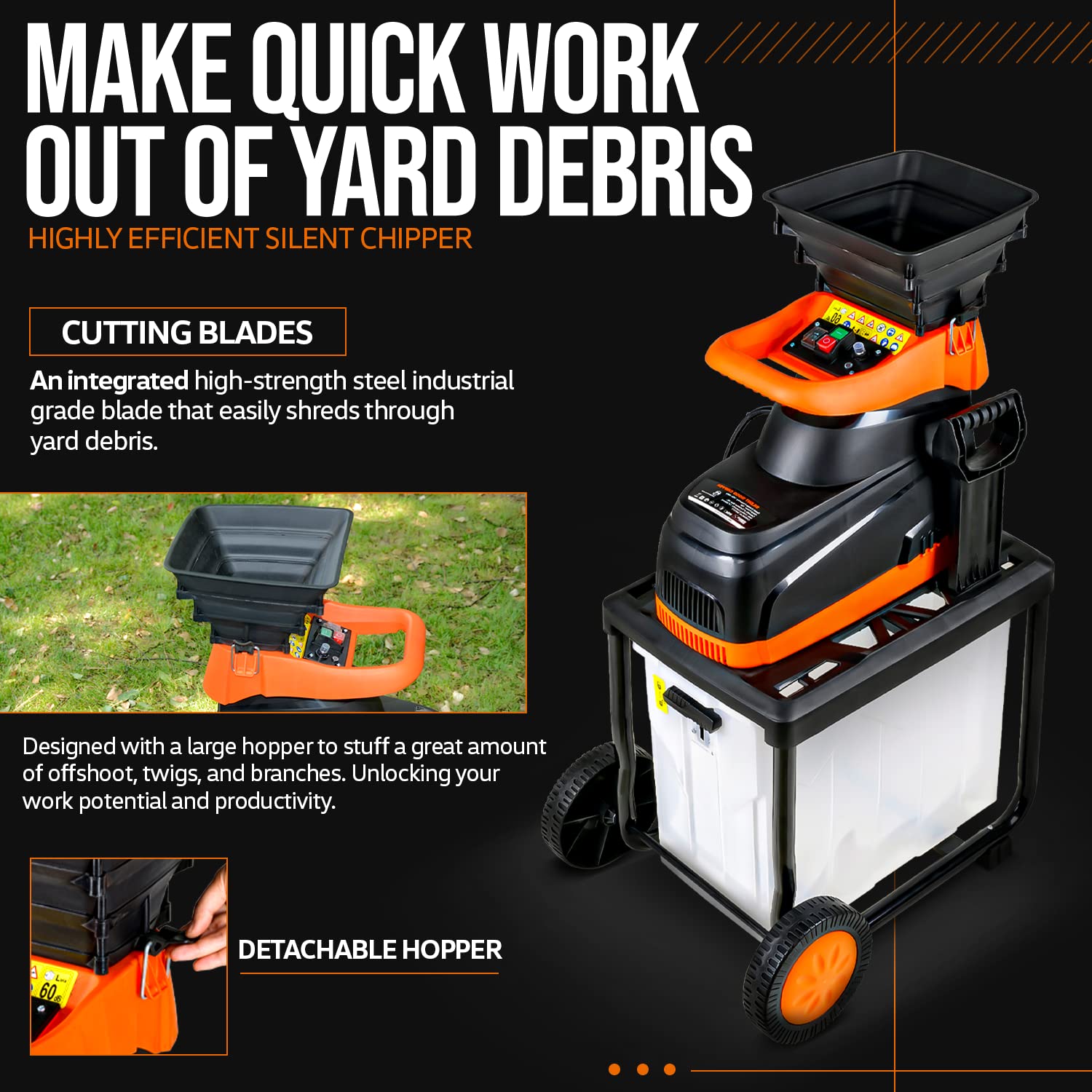 SuperHandy Wood Chipper Silent Ultra Quiet Electric 14.5-Amp 1800Watt 120VAC 1.5-1.7 Inch Max Capacity 17:1 Reduction 40L Collection Bin for Fire Prevention and Firebreaks