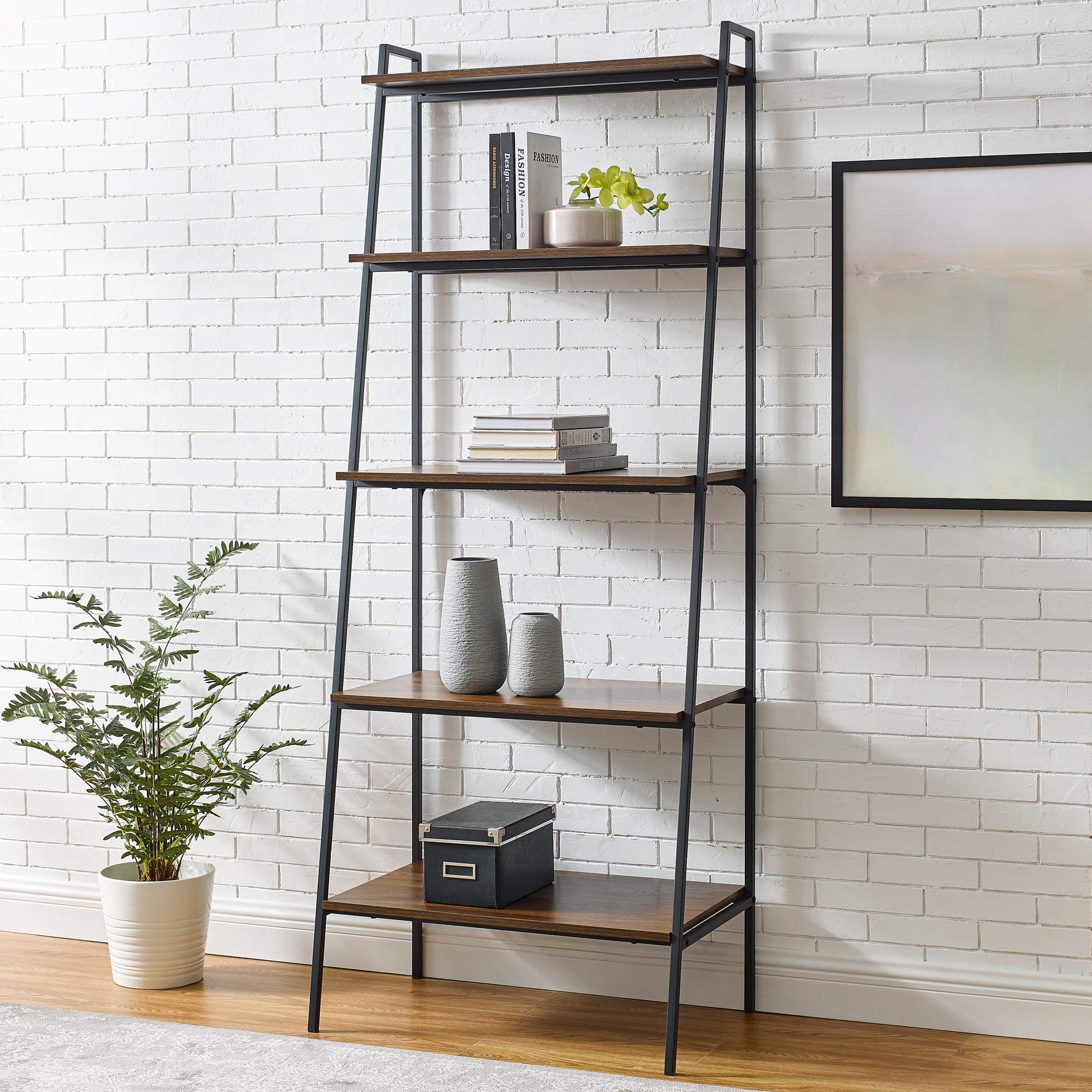 Walker Edison Industrial Metal and Wood Ladder Bookcase Tall Bookshelf Storage Home Office Storage Cabinet, 72 Inch, Dark Walnut