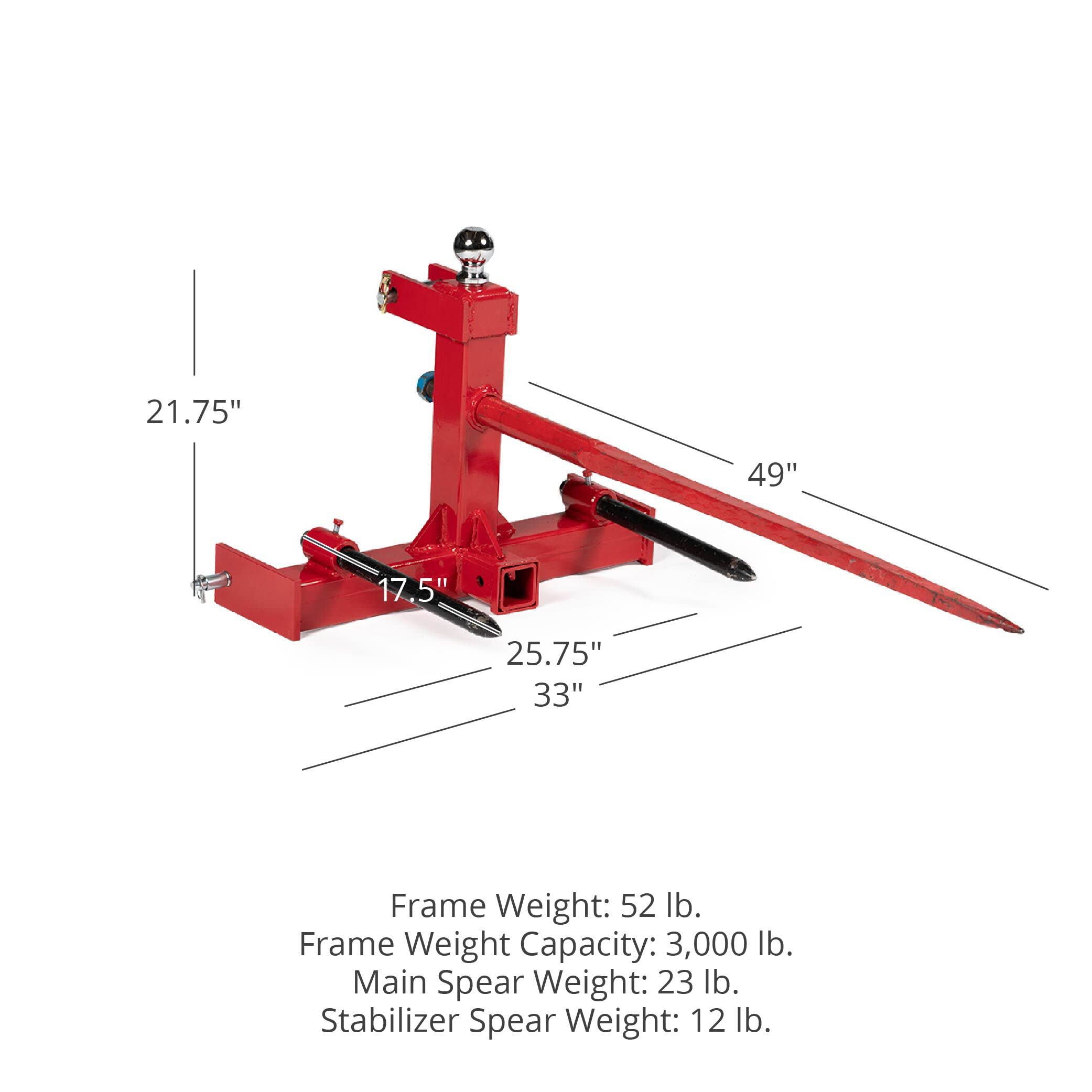 Titan Attachments 3 Point Gooseneck Tractor Trailer Hitch with 49" Hay Bale Spear and Stabilizer Spears, Fits Category 1 Tractors, Red Finish, 2" Receiver Hitch, 2" Gooseneck Ball