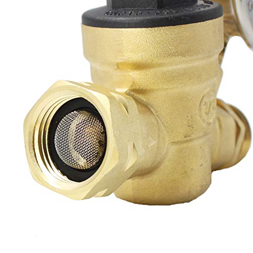 X-Haibei RV Water Pressure Regulator Valve Brass Lead-Free 3/4 inch Threads Body with Gauge and Screened Filter
