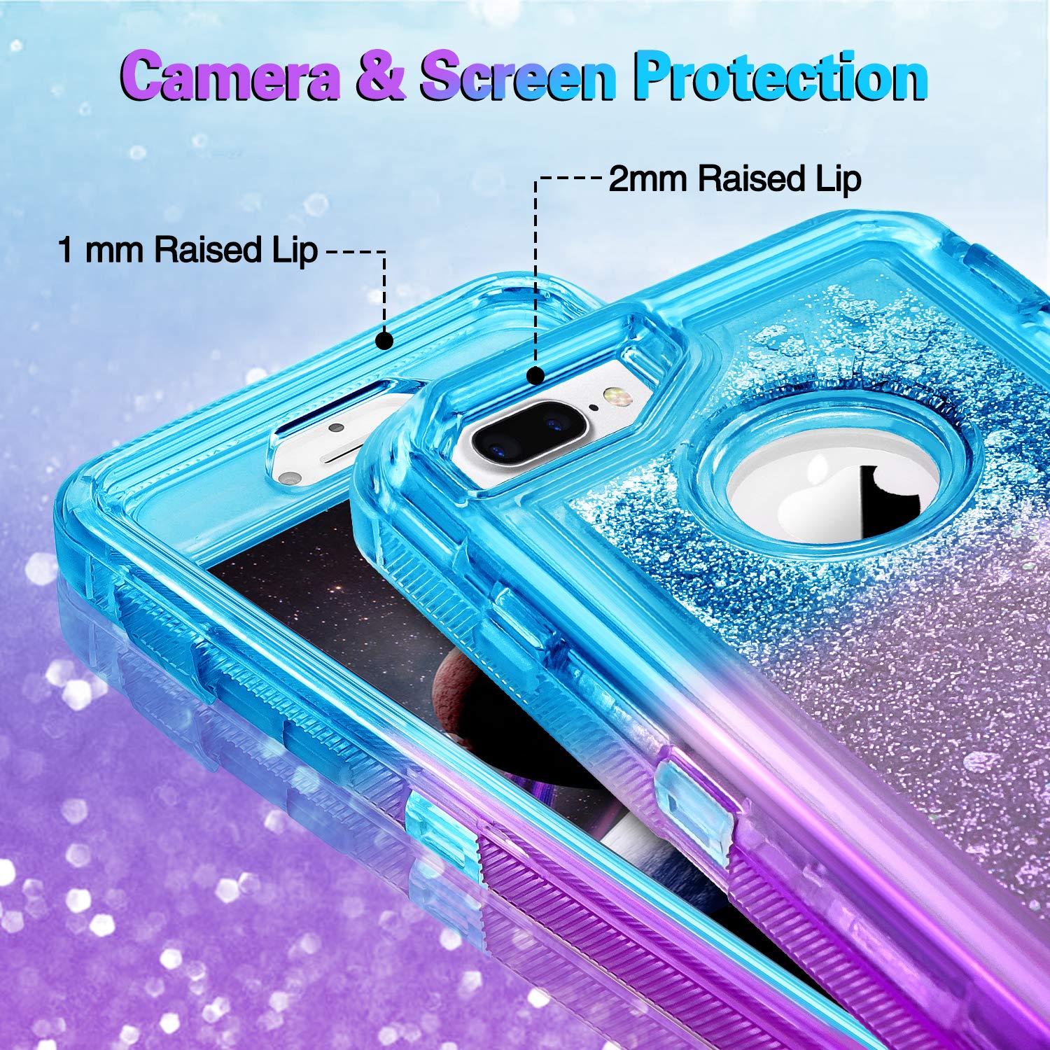 WESADN Case for iPhone 8 Plus Case,iPhone 7 Plus Case for Girls Women Cute Glitter Liquid Protective Bling Heavy Duty Shockproof Gradient Cover for iPhone 8 Plus 7 Plus 6 Plus 6s Plus,Teal Purple