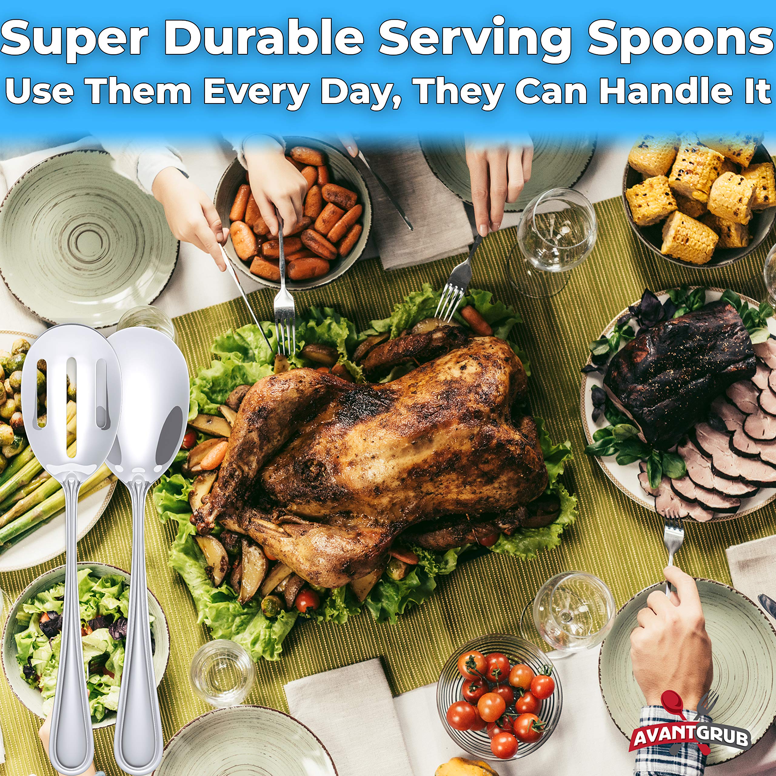 Super Elegant, Heavy Duty Serving Spoon 3 Pc Set. Stainless Steel Slotted Spoons to Serve Pasta and Vegetable. Best Flatware for Buffet and Family Style Dining, Catering, Banquets and Dinner Parties