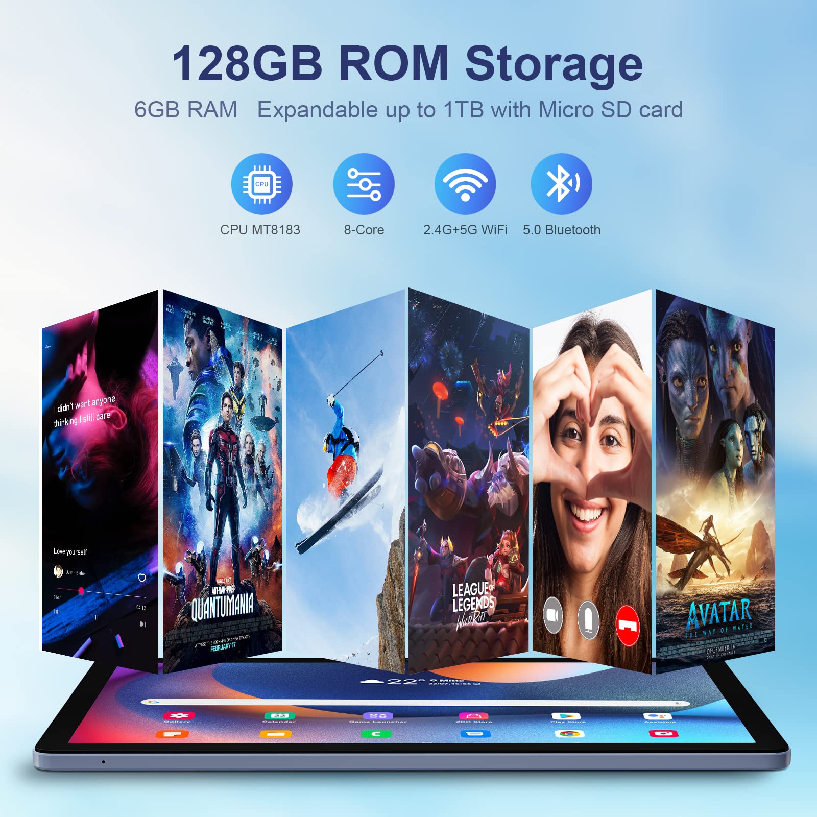 Wielio Android Tablet 10.1 inch 6GB+128GB 1TB Expand Octa-core Gaming Tablets PC, 6000mAh Battery, 2.4G/5G WiFi Parent Control,Blue