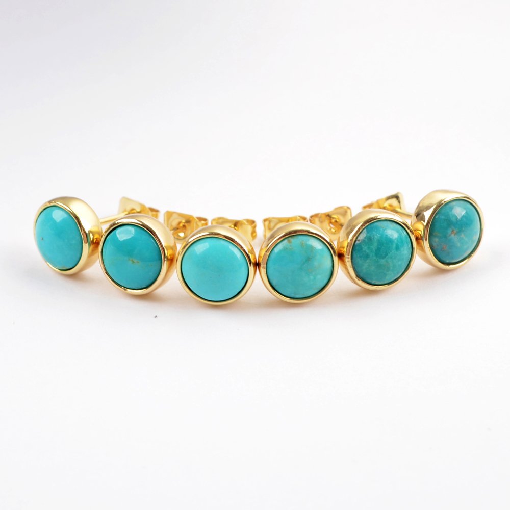 ZENGORI 1 Pair 9MM Gold Plated Round Natural Turquoise Stud Earrings for Women ZG0258